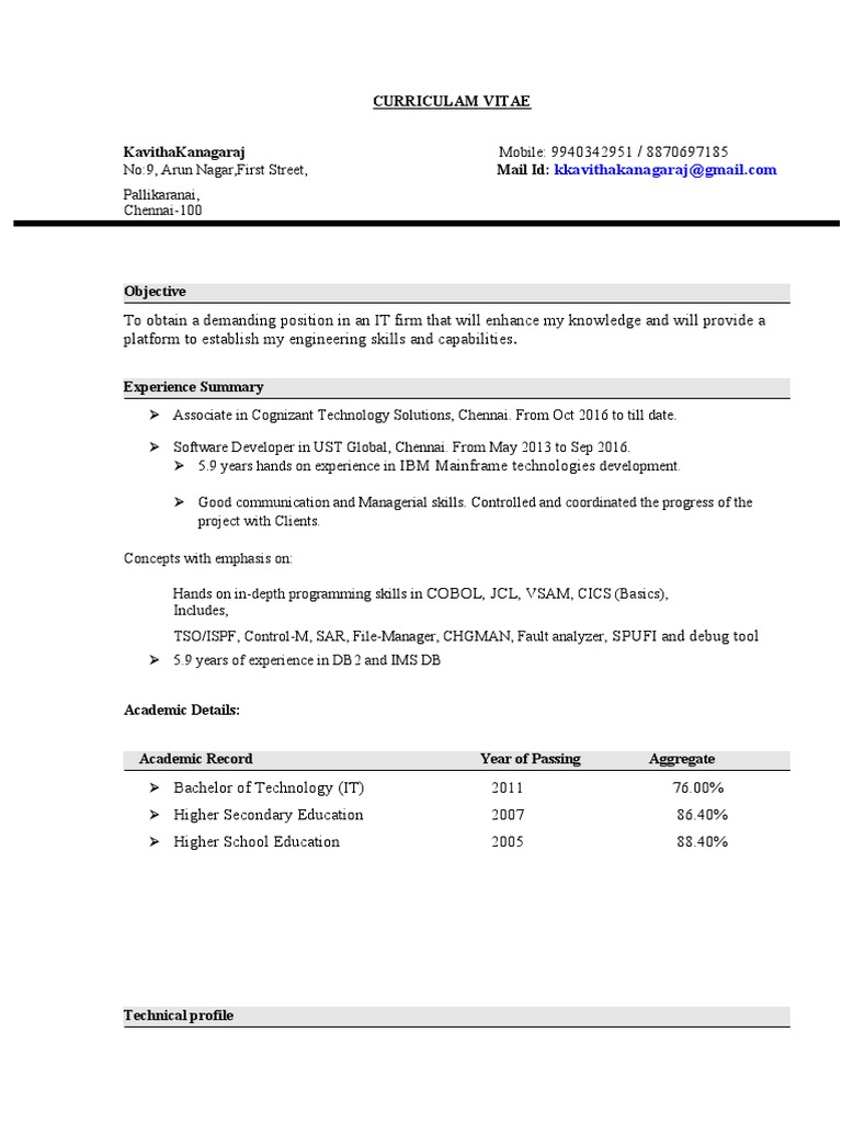 Kavitha Kanagaraj Cobol Dev TechM Chennai | PDF | Ibm Db2 | Databases