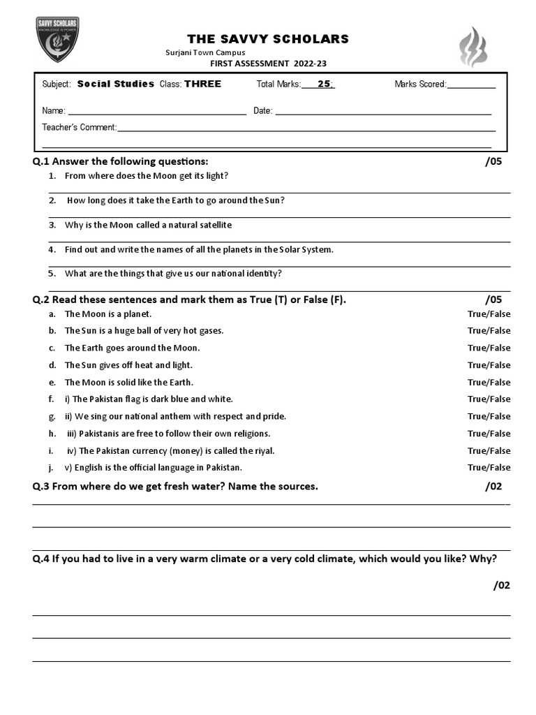 SST Class 3 2022-23 | PDF | Earth | Sun