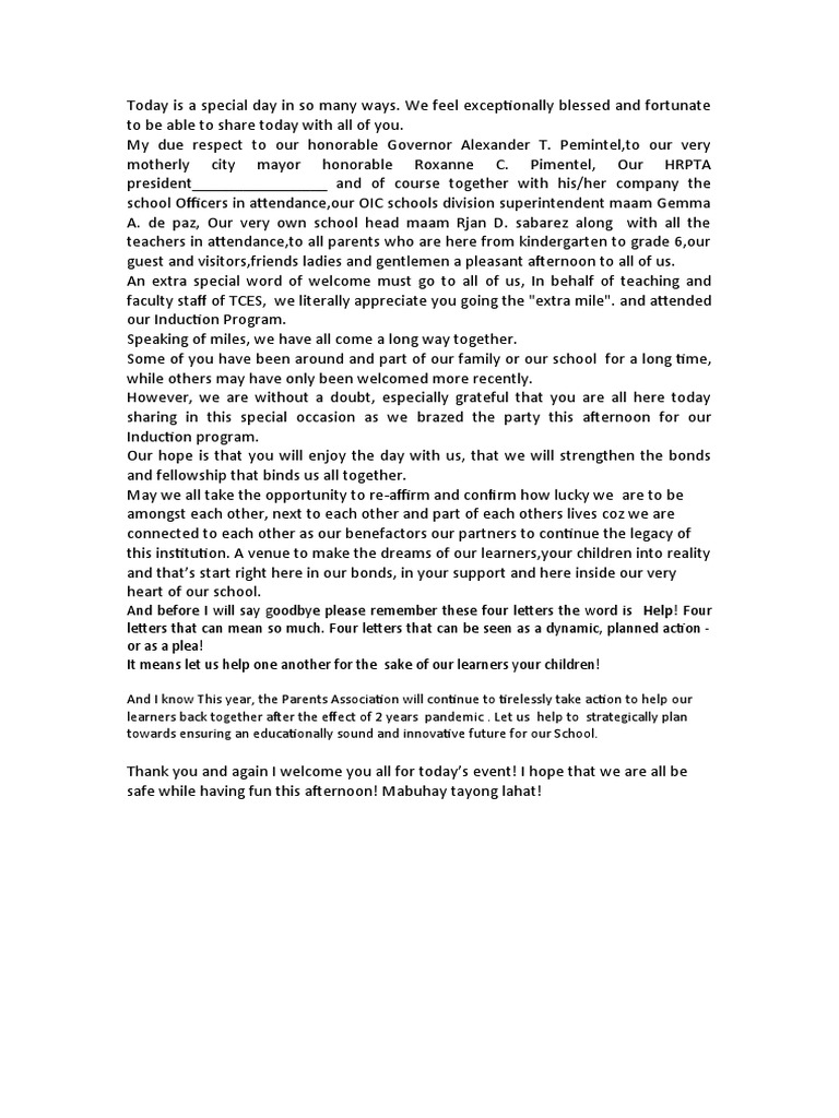 Welcome Address for Induction Program | PDF