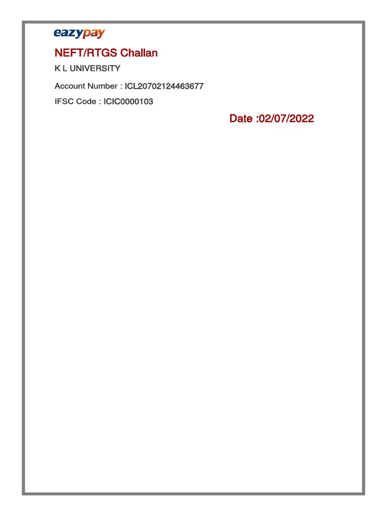 NEFT/RTGS Payment Challan for KL University Fees | PDF | Payments ...
