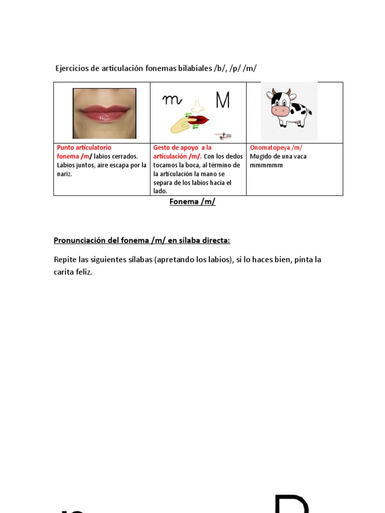 Ejercicios de Articulación Fonemas Bilabiales | PDF