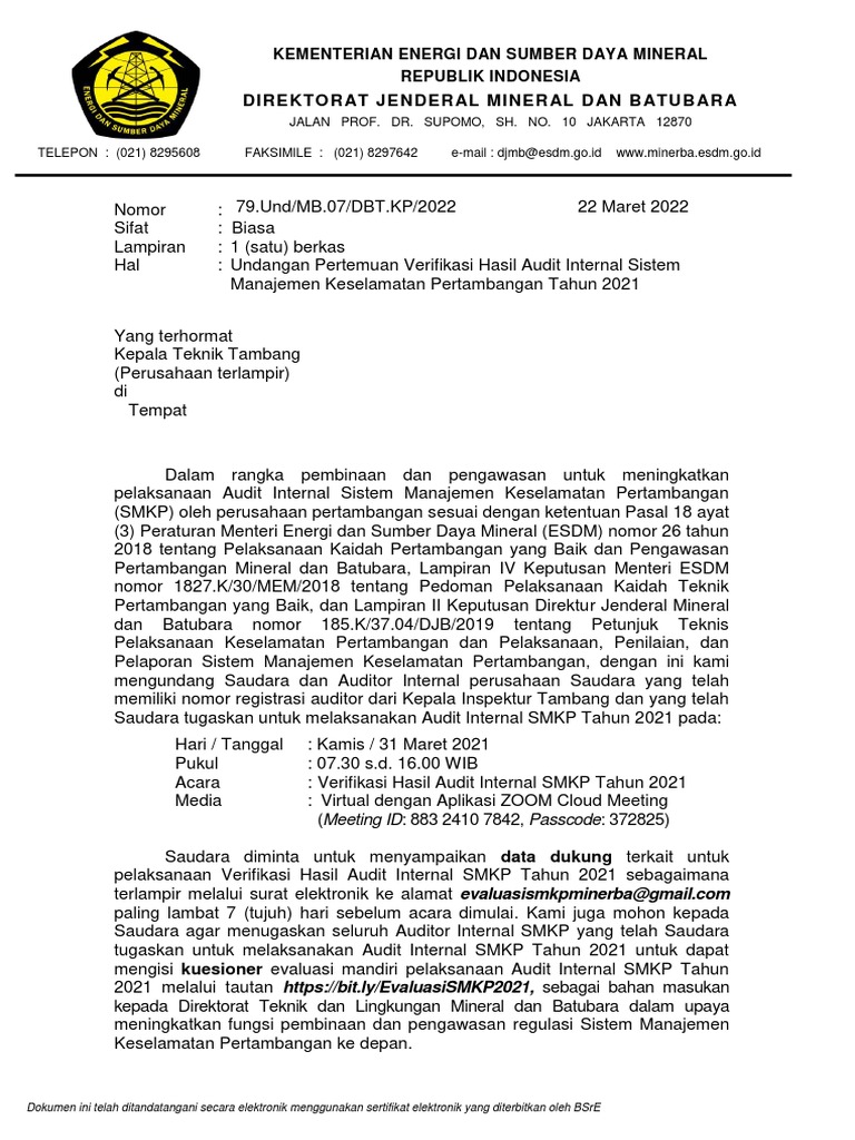 Surat Undangan Dari KaIT - Pertemuan Verifikasi Hasil Audit Internal SMKP Tahun 2021 ...