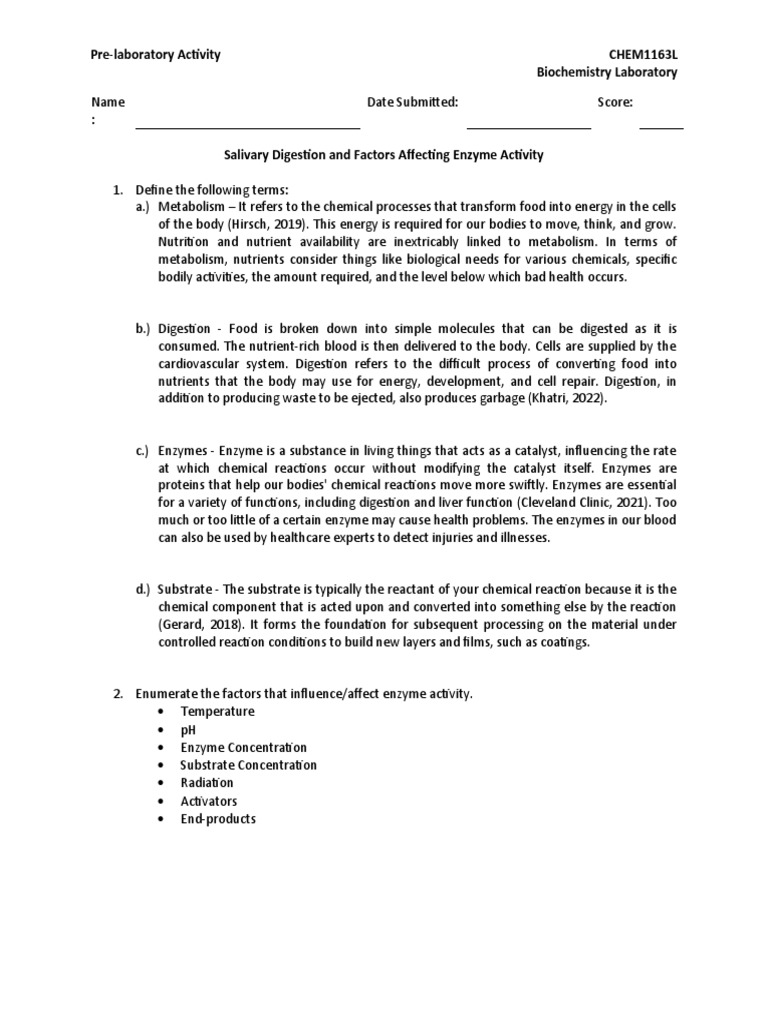 Pre-Lab Expt 3-Salivary Digestion and Factors Affecting Enzyme Activity ...