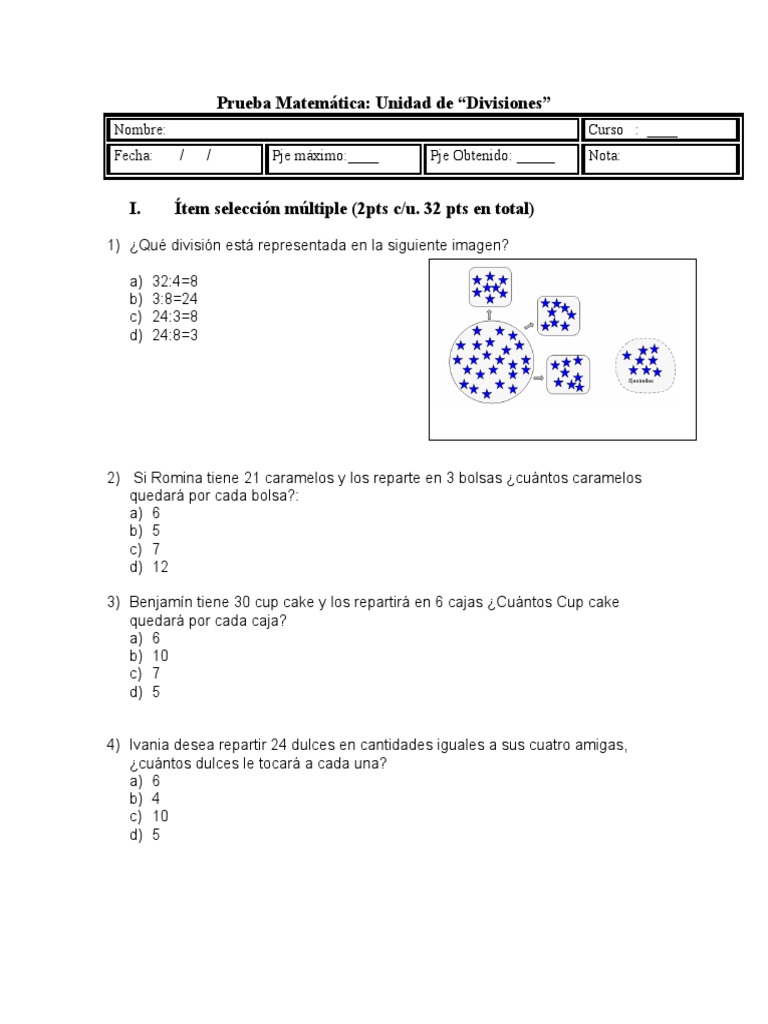 Prueba de Mate Divisiones Quinto Básico | PDF