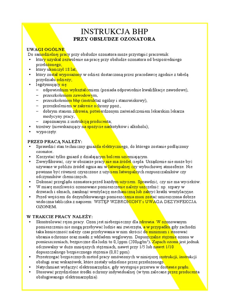 Instrukcja BHP Przy Obsludze Ozonatora | PDF