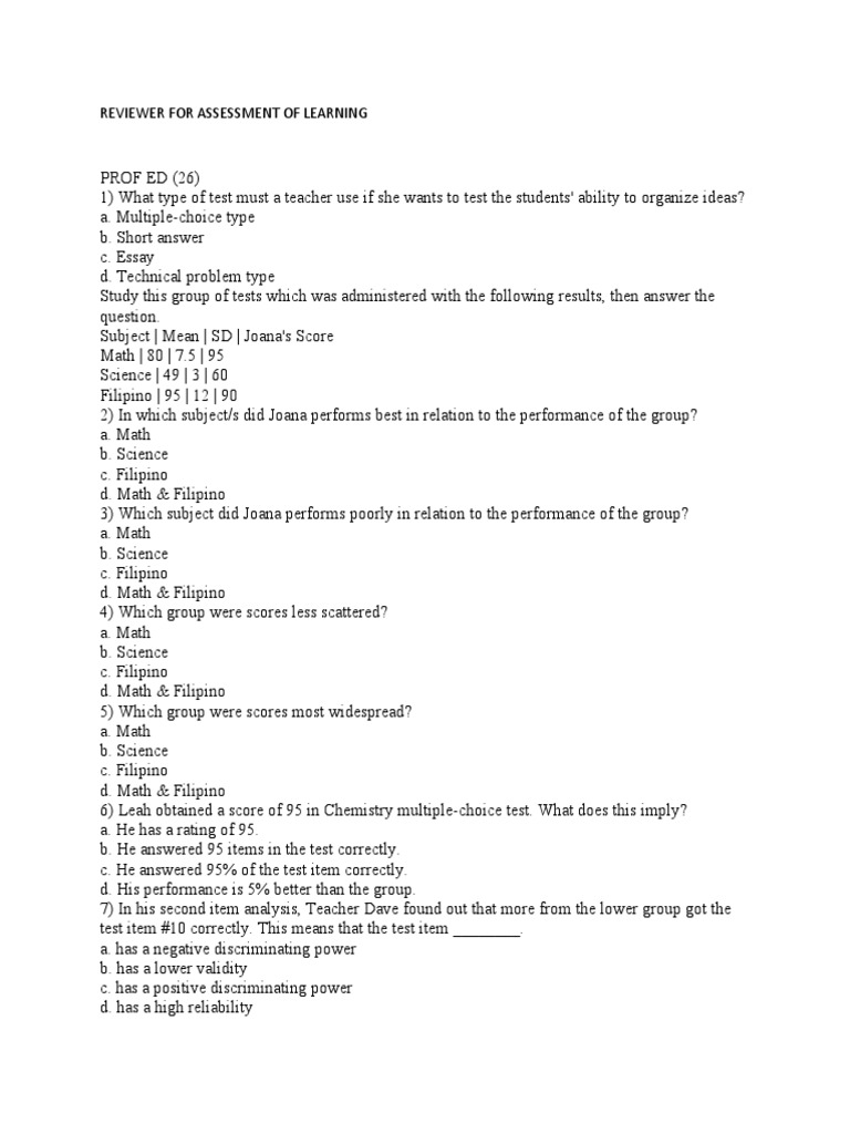 Reviewer For Assessment Of Learning Pdf Mean Educational Assessment
