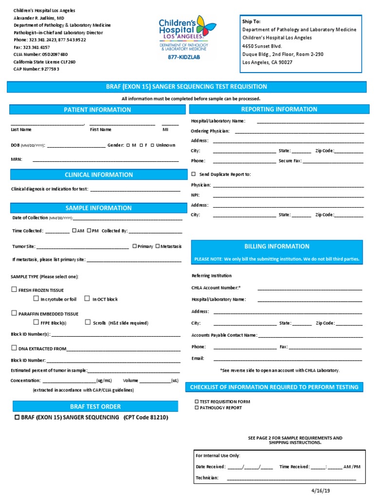 BRAF Test Requisition 4.16.19 | PDF | Pathology | Medical Laboratory
