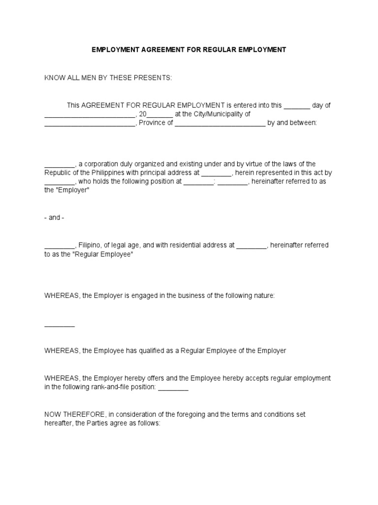 Draft Regular Employment Agreement Contract Version1 | PDF | Employment ...