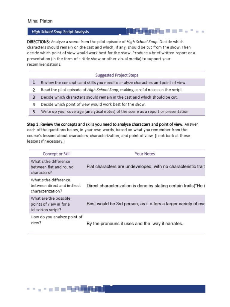 High School Soap Script Analysis: Suggested Project Steps | PDF | Narration