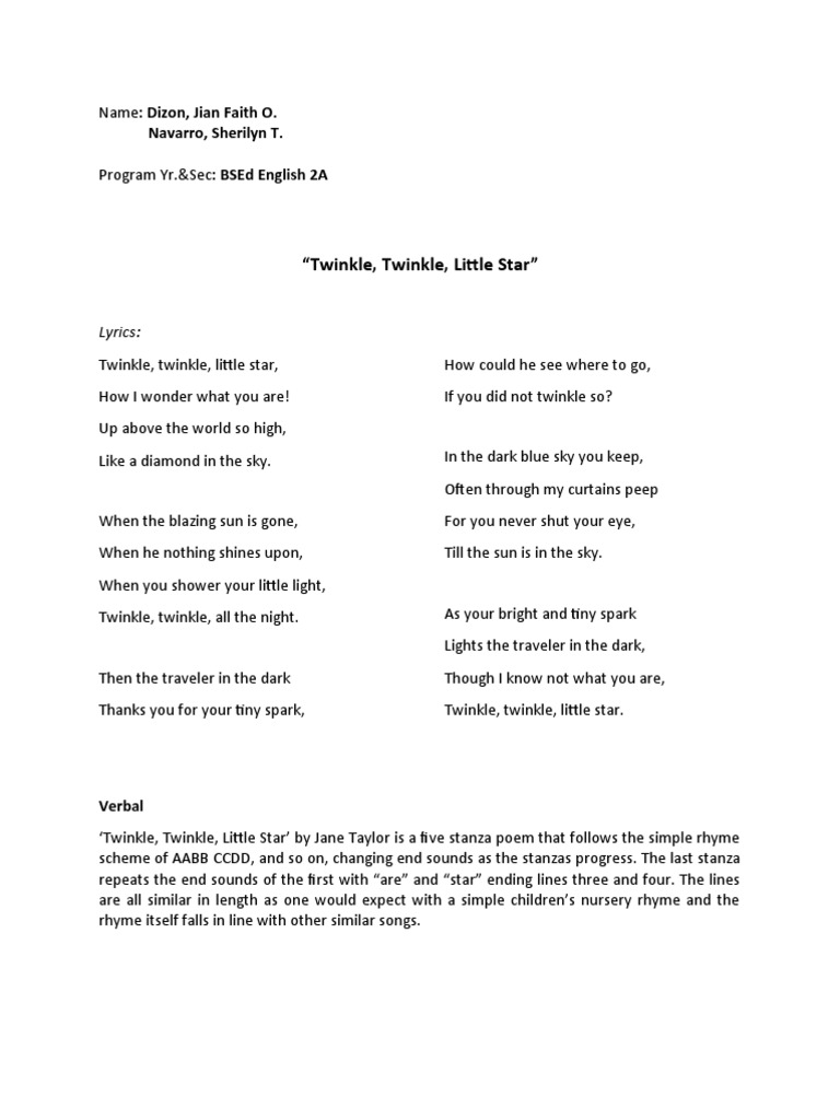 Twinkle Twinkle Little Star | PDF | Poetry | Poetics