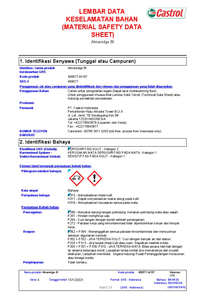 Lembar Data Keselamatan Bahan (Material Safety Data Sheet) : 1 ...