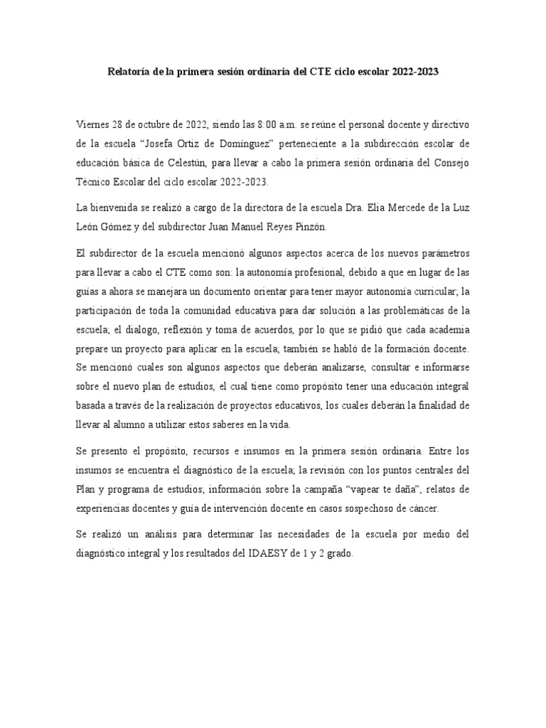 Relatoría Primera Sesión CTE 2022-2023 | PDF | Maestros | Plan de estudios