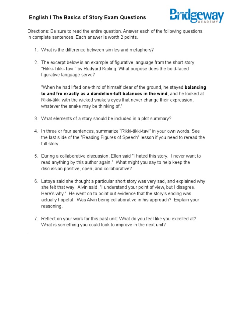 English I Mihai Platon The Basics of Story Exam Short Answer Questions ...
