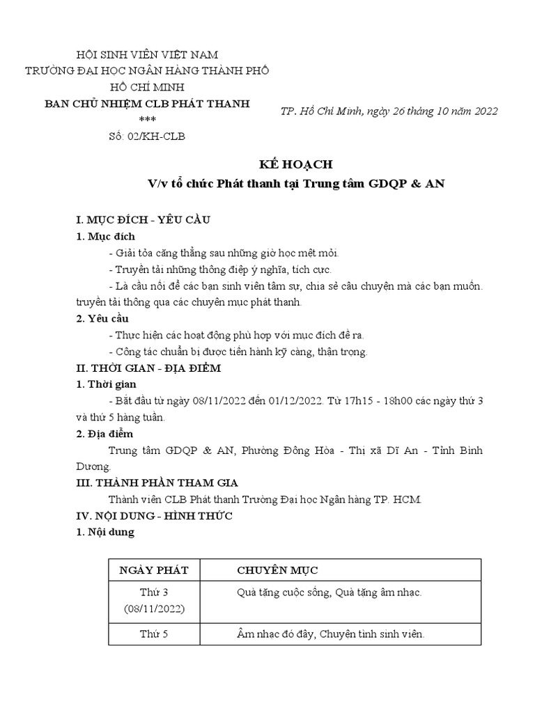 02-KH-CLB VV T CH C Phát Thanh T I Trung Tâm GDQP & AN | PDF