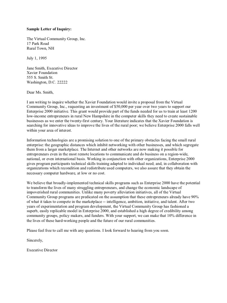 Sample Letter of Inquiry | PDF | Poverty | Poverty & Homelessness