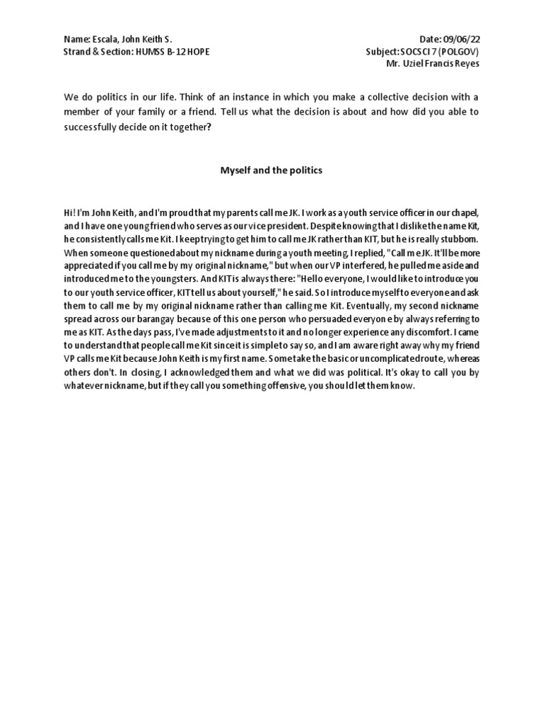 POLGOV 2e Lesson 01, Part 01, Performance Task | PDF | Sports & Recreation