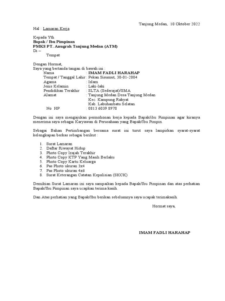 Lamaran Imam Fadli Harahap - Di ATM 2022 | PDF