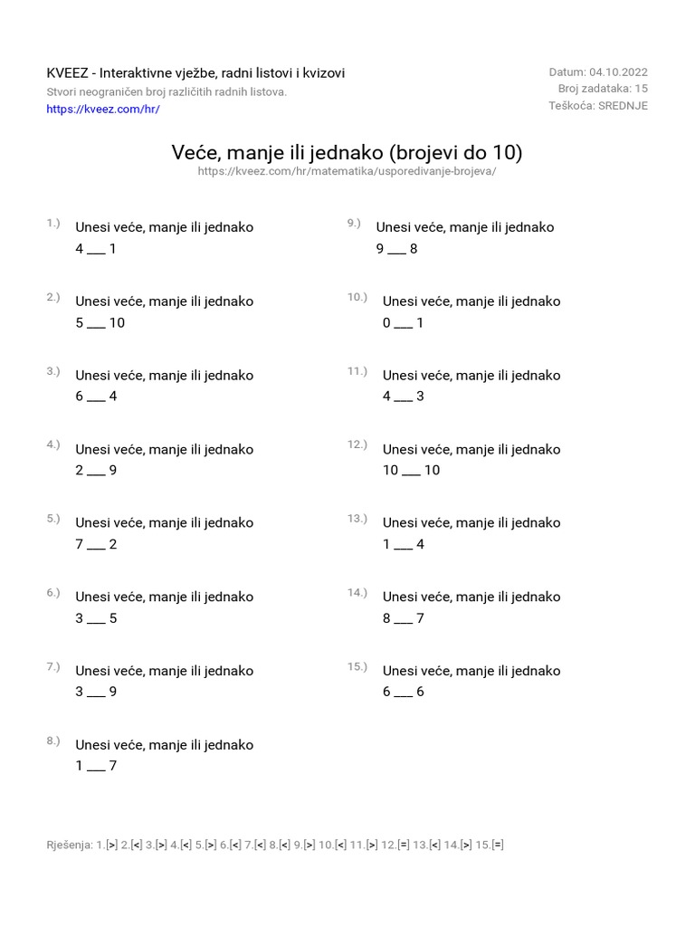 Veće, Manje Ili Jednako (Brojevi Do 10) | PDF