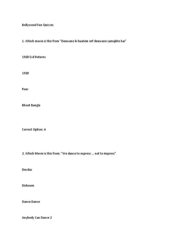 BOLLYWOOD QUIZ QUESTIONS | PDF | Cinema Of India | Film Production ...