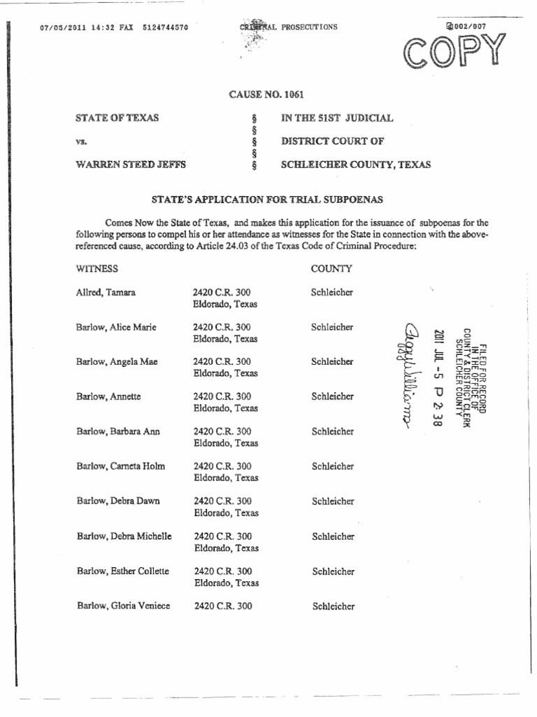 State of Texas Witness Supoena List - Warrens Jeffs' Wives | Mormonism ...