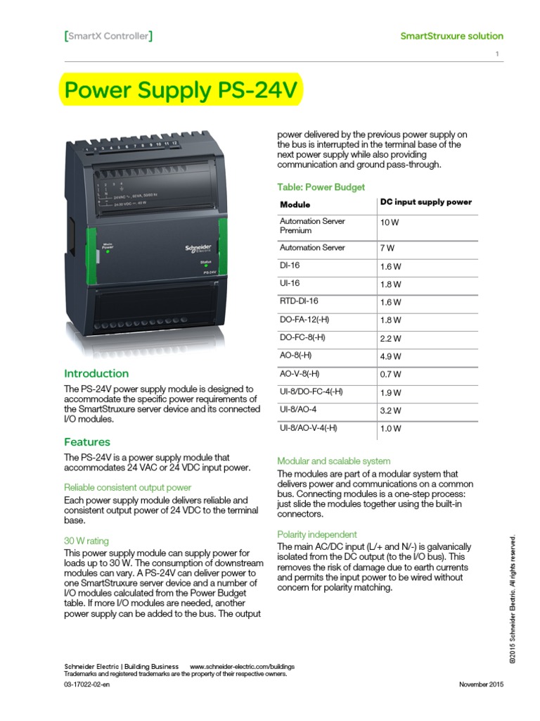Power Supply PS-24V Specification Sheet - SmartStruxure Solution | PDF | Power Supply ...