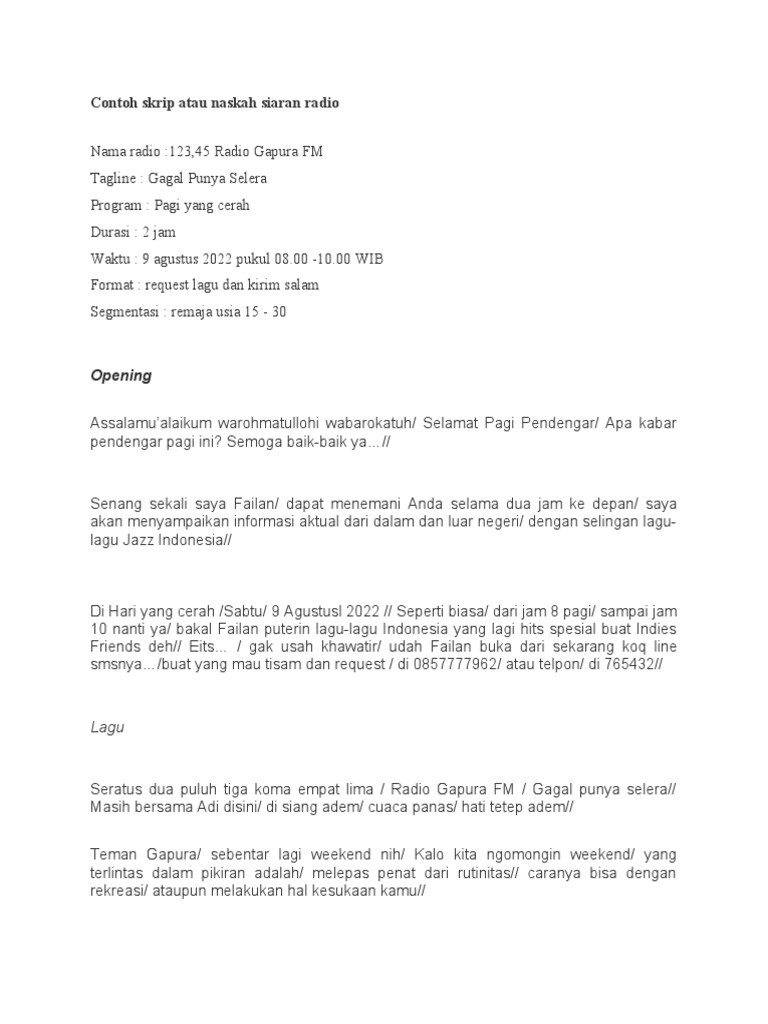 Contoh Skrip Atau Naskah Siaran Radio | PDF