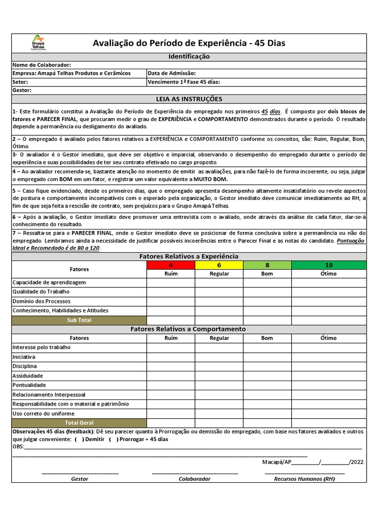 Avaliação de Desempenho: 45 Dias de Experiência | PDF | Gestão de ...