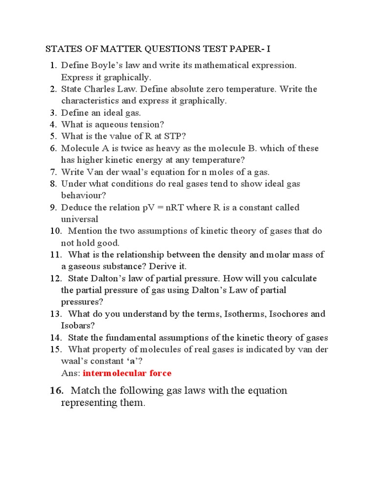 States of Matter Questions For Test Paper | PDF | Gases | Thermodynamics
