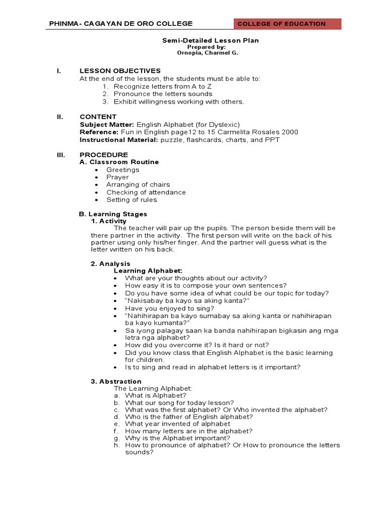 4 As Lesson Plan Template | PDF | Lesson Plan | Alphabet