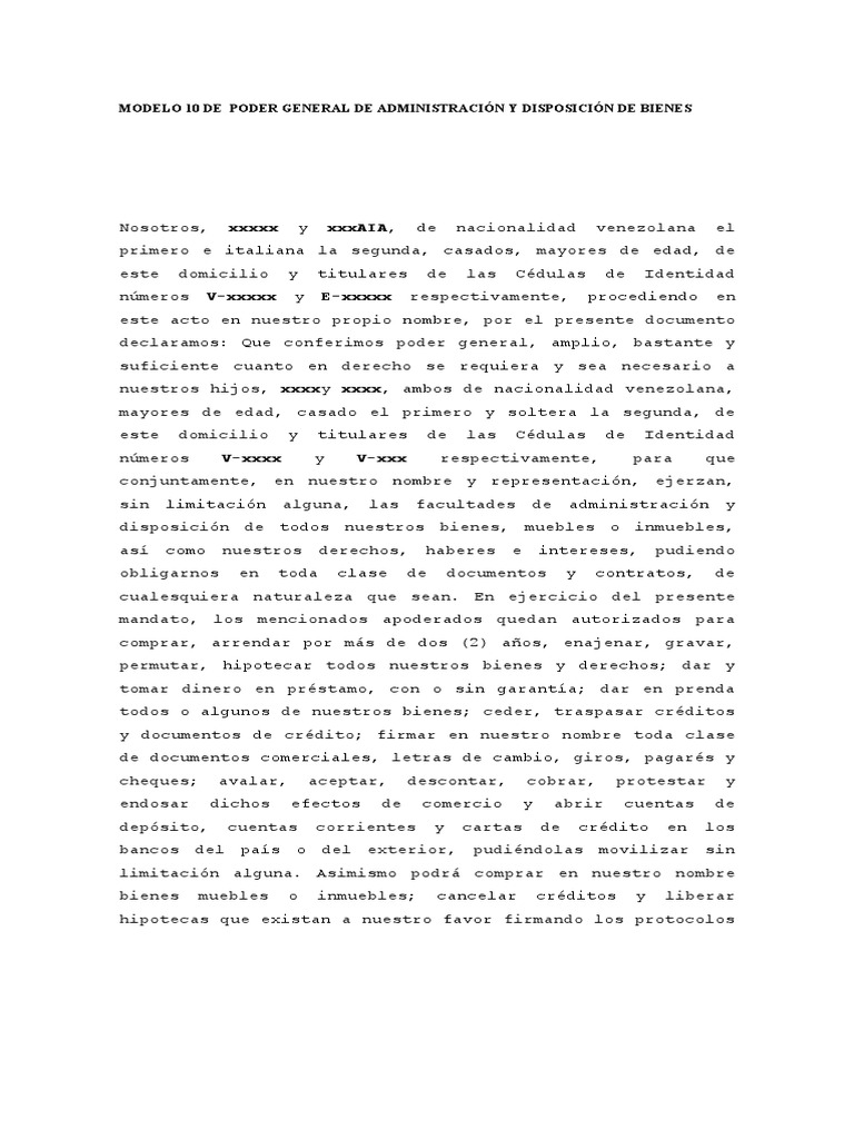 Modelo 10 de Poder General de Administración y Disposición de Bienes ...
