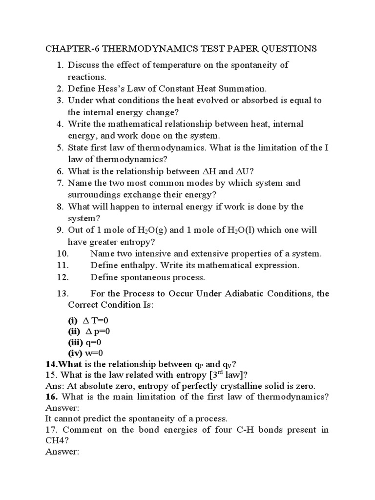 Thermodynamics Test Questions and Concepts | PDF | Gibbs Free Energy ...