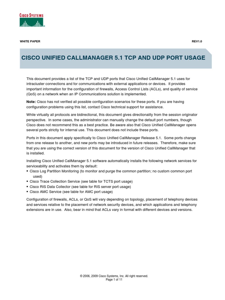 Cisco Unified Call Manager 5.1 TCP and UDP Port Usage | PDF | Port (Computer Networking ...