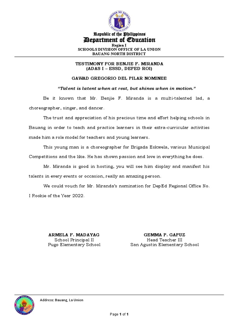 Testimony - Bauang Schools | PDF
