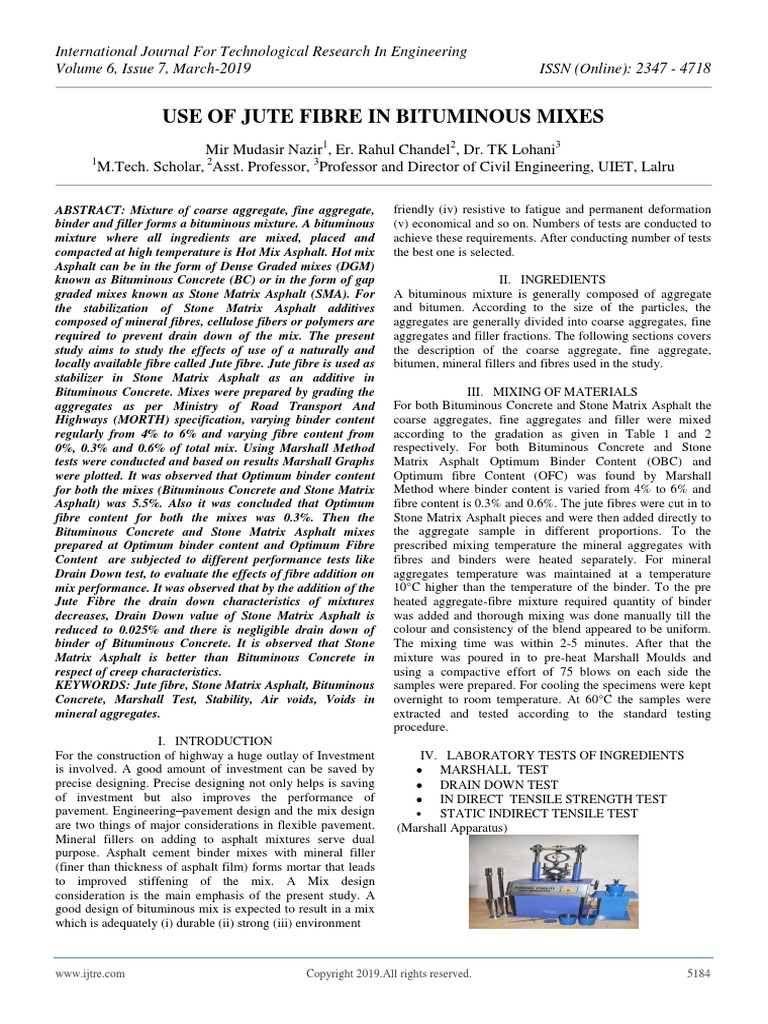 Use of Jute Fibre in Bituminous Mixes | PDF | Asphalt | Road Surface