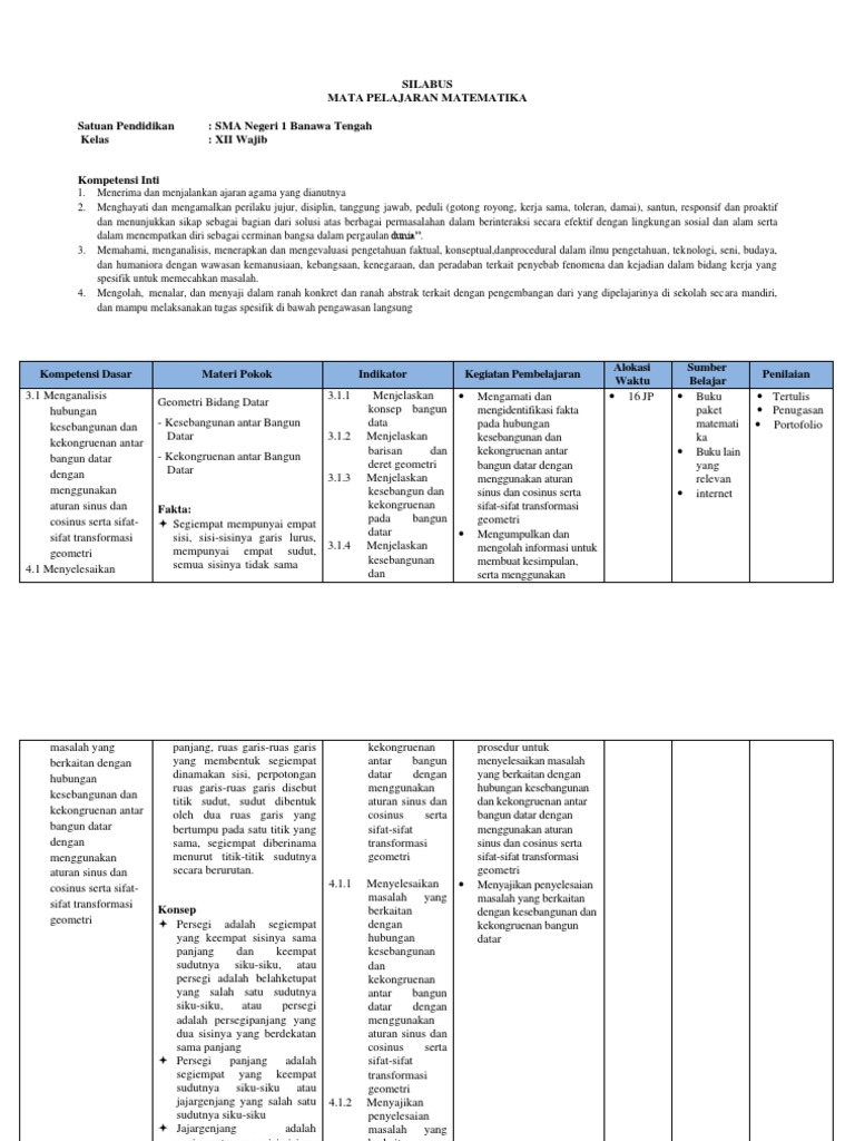 Silabus Matematika Wajib Kelas 12 SMA - Selvi - 012 | PDF