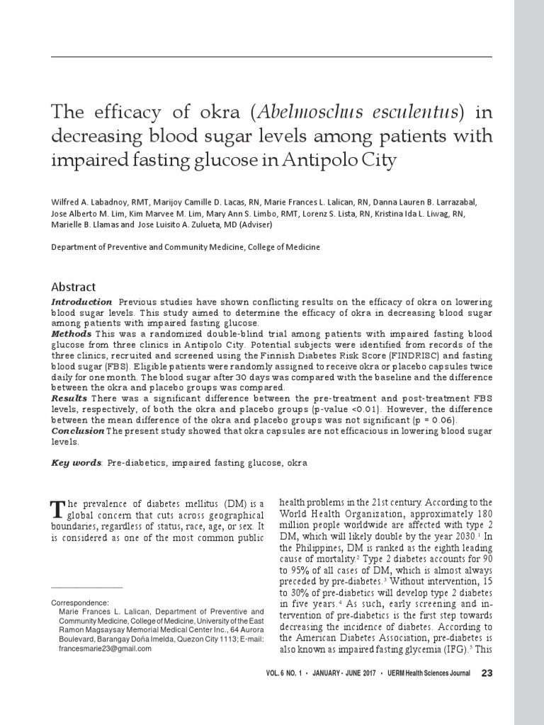 The Efficacy of Okra (Abelmoschus Esculentus) in Decreasing Blood Sugar ...
