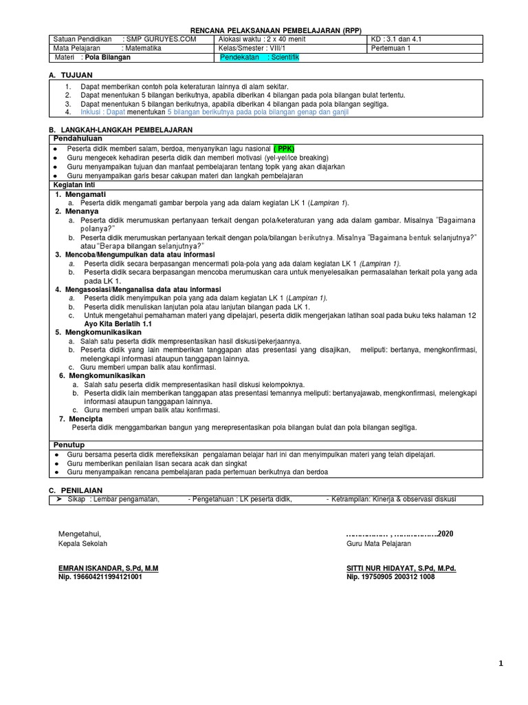RPP Matematika Kelas VIII: Pola Bilangan | PDF