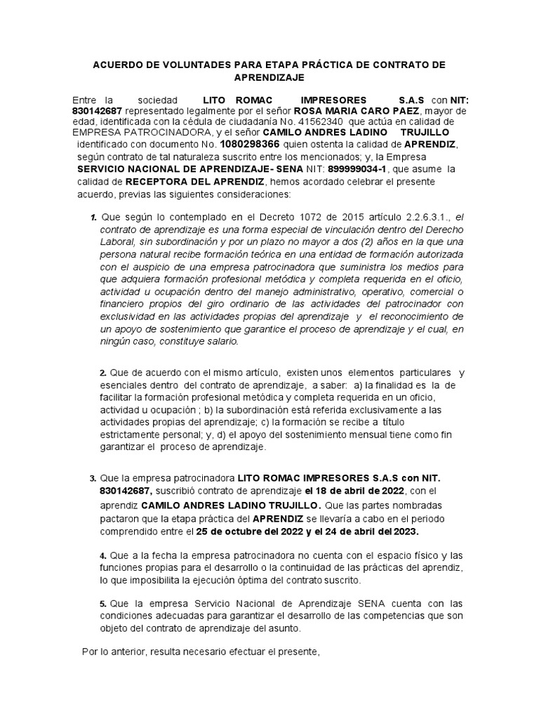 Acuerdo de Voluntades Camilo Andres Ladino Trujillo | PDF | Aprendizaje | Business