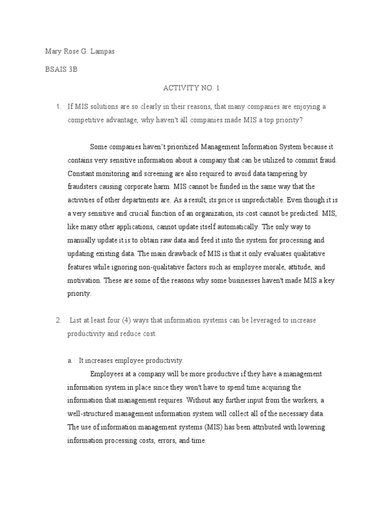 Activity No. 1 | PDF | Information | Management Information System