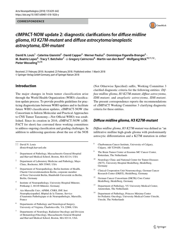 cIMPACT-NOW Update 2 Diagnostic Clarifications For Diffuse Midline Glioma, H3 K27M-mutant and ...