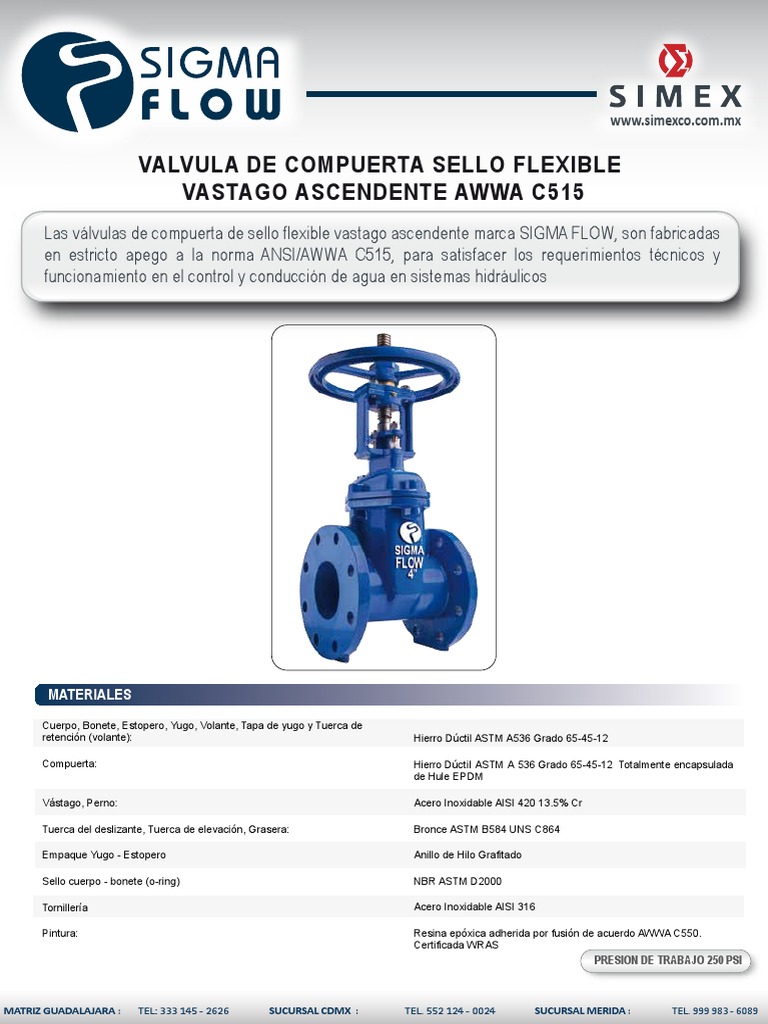 001 Valvula Compuerta Vastago Ascendente AWWA-C515 | PDF | Tornillo ...