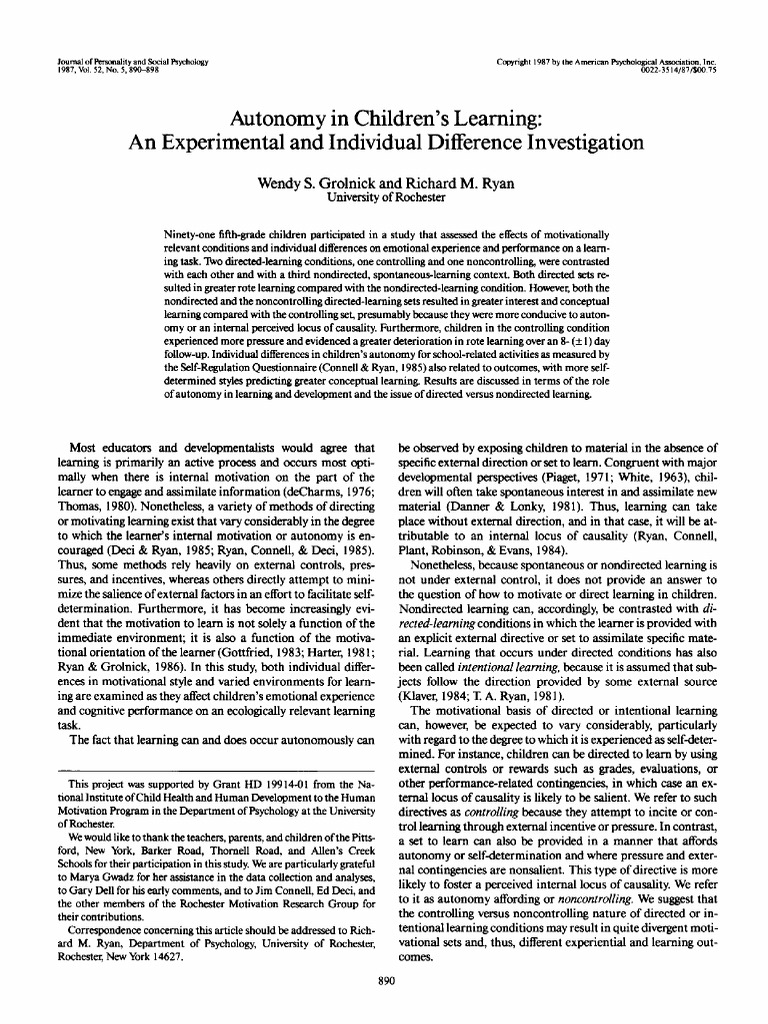 Autonomy in Children's Learning. An Experimental and Individual Difference Investigation | PDF ...
