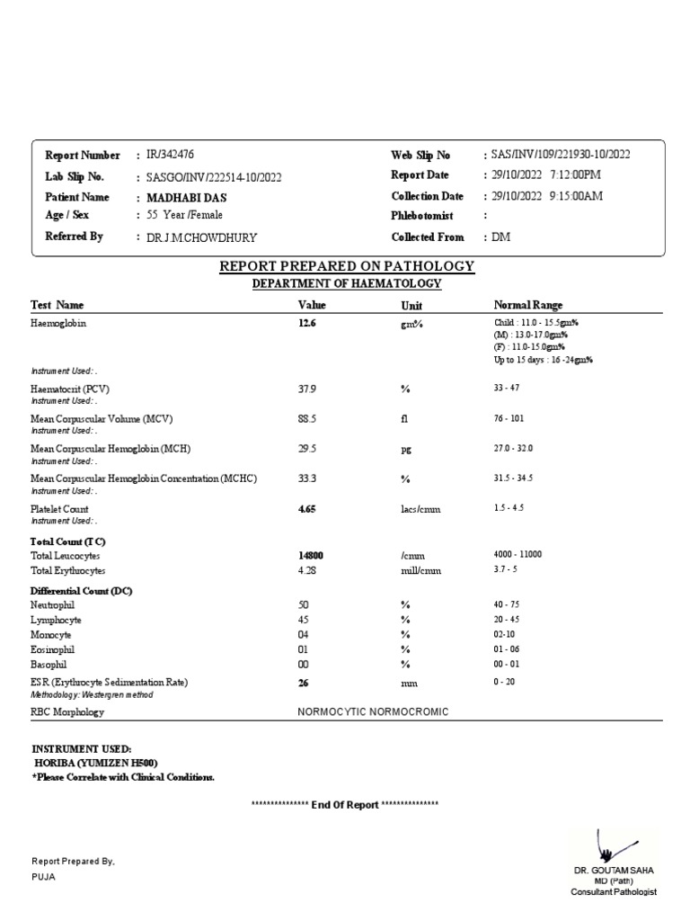 CBC Test Report for Patient Madhabi Das | PDF | Clinical Pathology ...