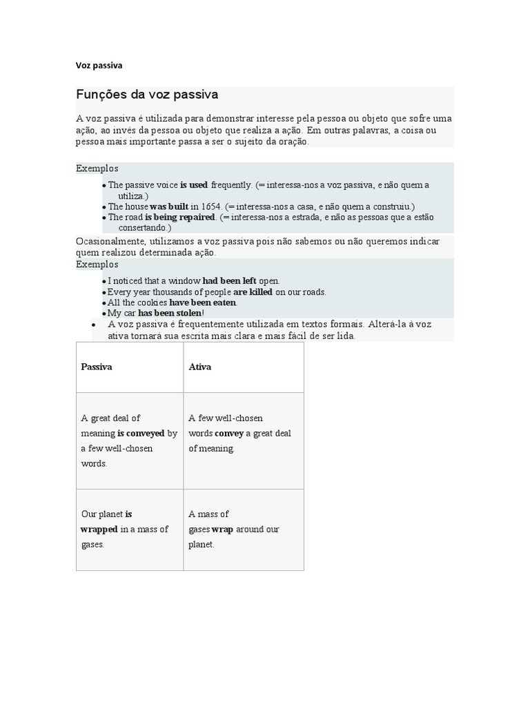 Voz Passiva Inglês | PDF | Assunto (gramática) | Gramática