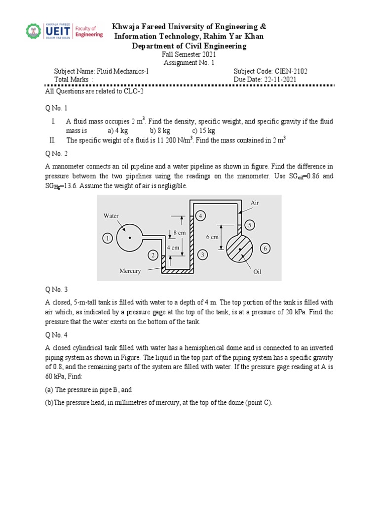 Fluid Mechanics-I Assignment 1 | PDF