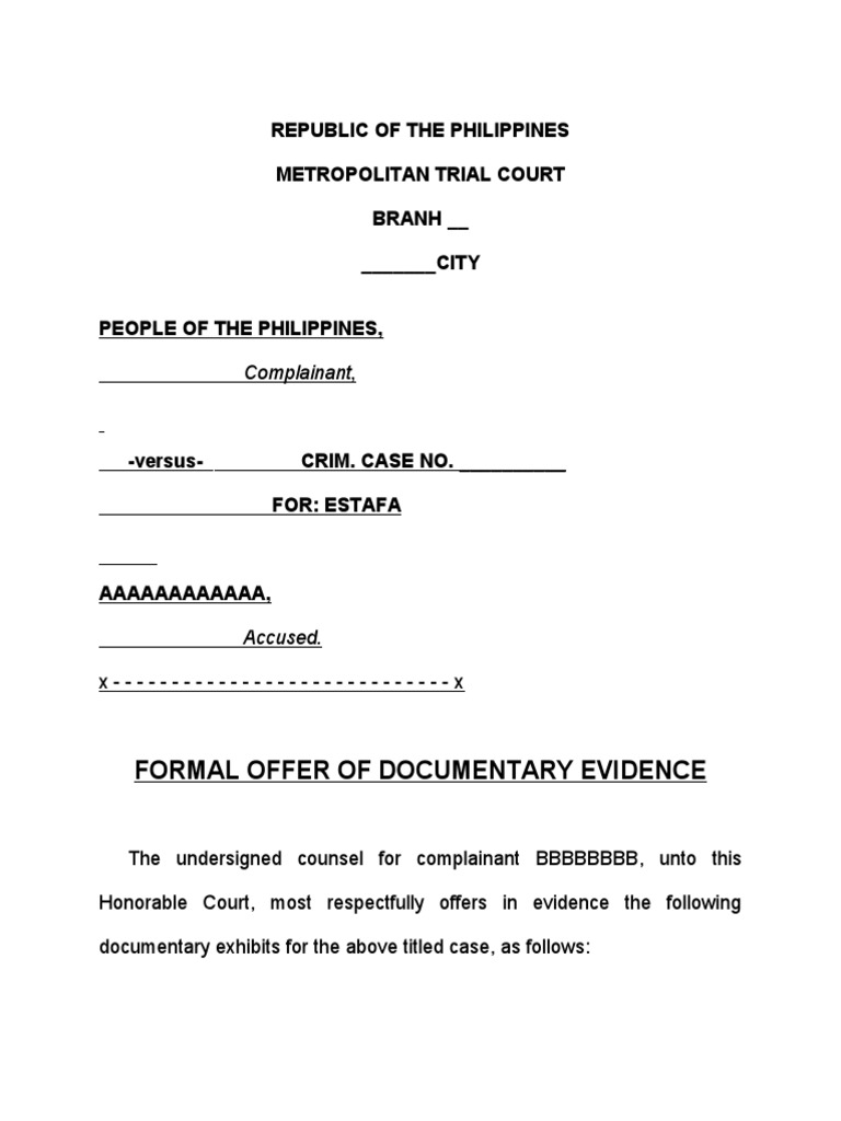 Formal Offer of Evidence For Estafa | PDF | Fraud | Criminal Justice