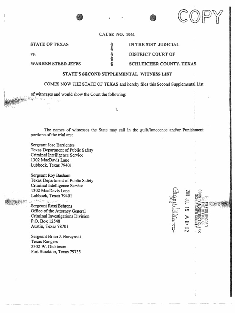 State of Texas 2nd Supplemental Witness List for the Trial of Warren ...