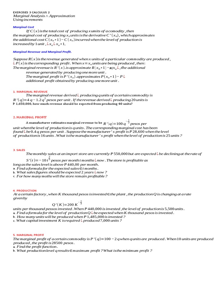 Exercises 3 Calculus 2 | PDF | Profit (Economics) | Marginal Cost