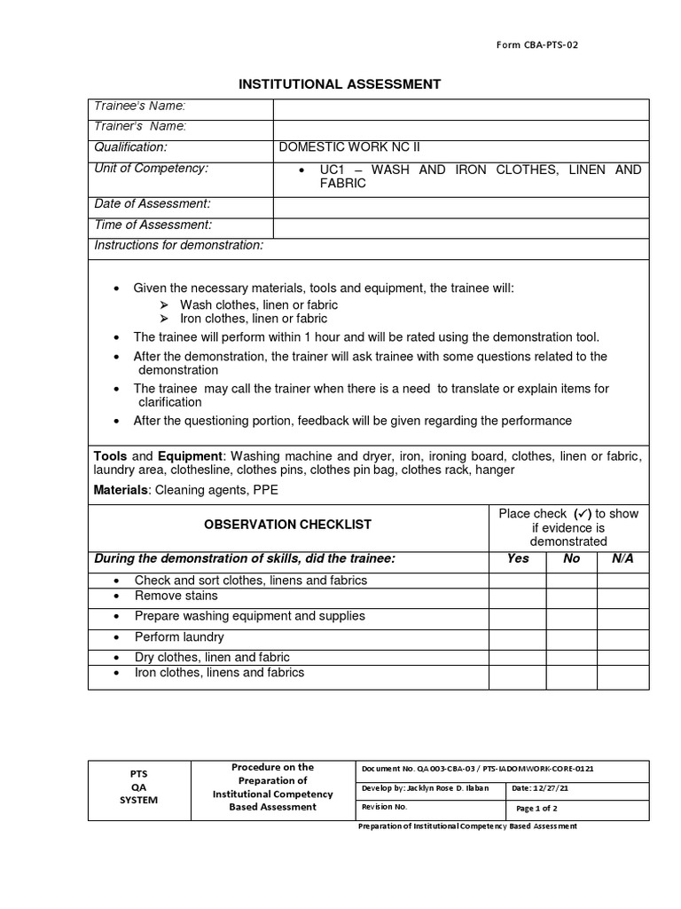 Institutional Competency Assessment Guide | PDF | Laundry ...
