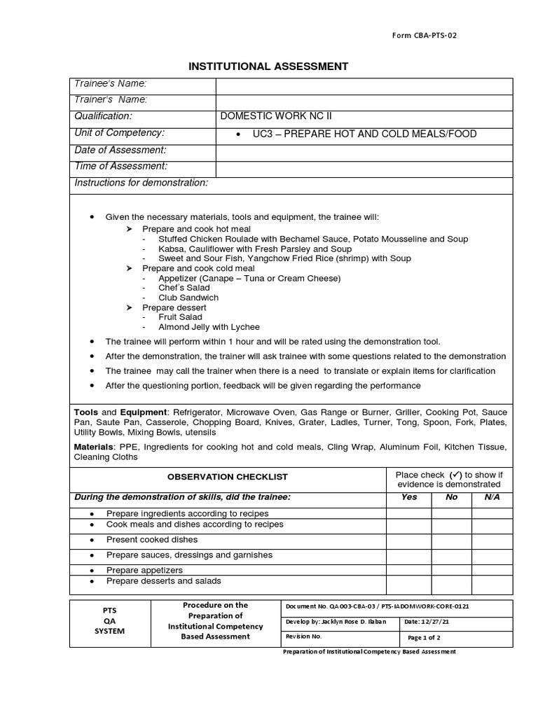 Institutional Assessment - Domwork UC3 | PDF | Soup | Meal